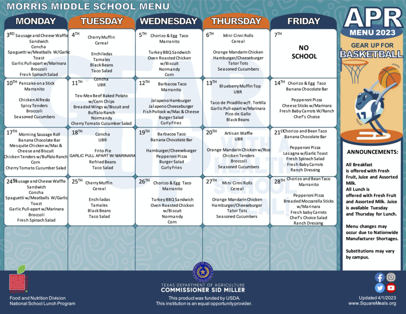 April Menu | Homer J. Morris Middle School