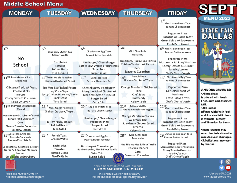 September Menu | Homer J. Morris Middle School